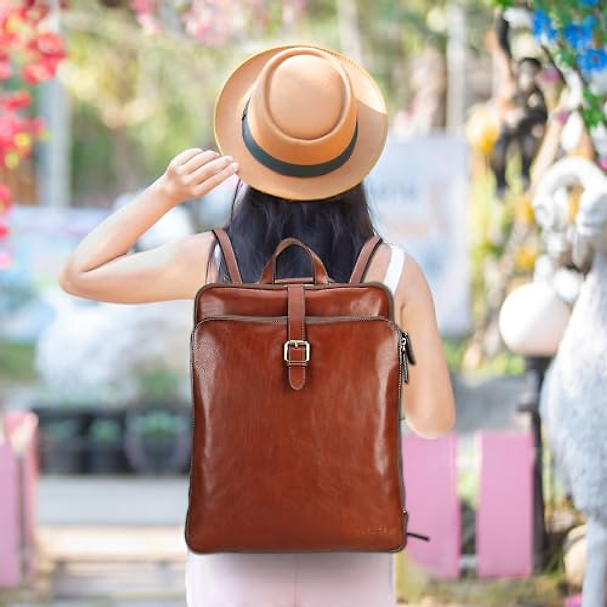 Banuce Full Grain Italian Leather Convertible Backpack Purse for Women Travel Laptop Backpack with luggage strap