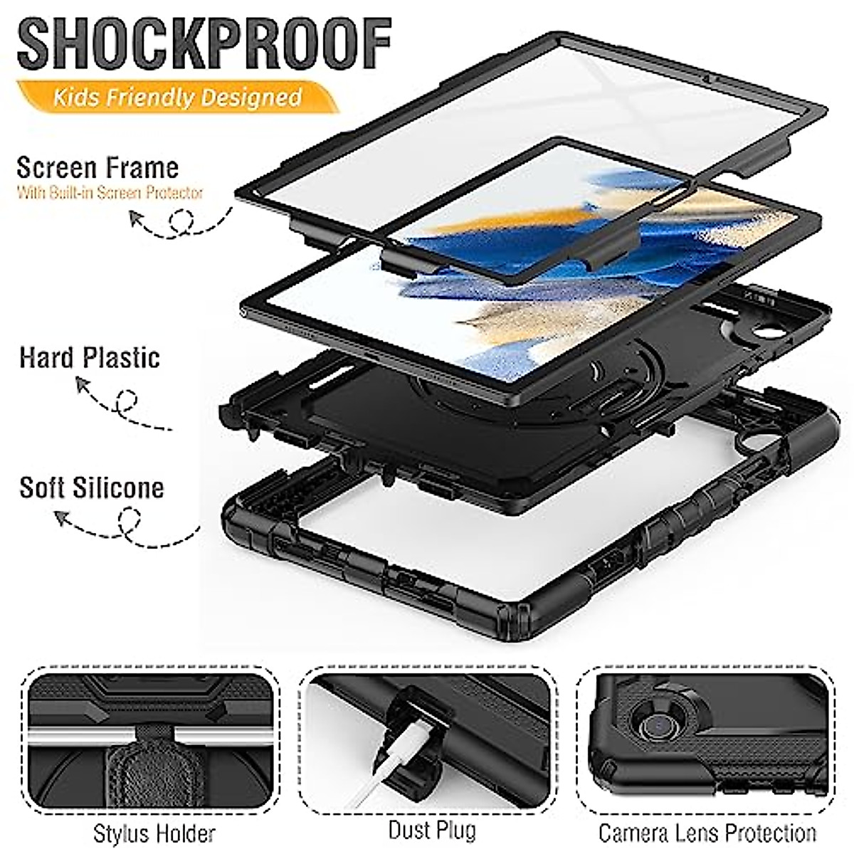 HXCASEAC Case for Samsung Galaxy Tab A8 Case 10.5 inch, Protective with Screen Protector/Hand Strap/Pen Holder, Sturdy Shockproof A8 Tablet Case 2022 SM-X200/X205/X20 - Black