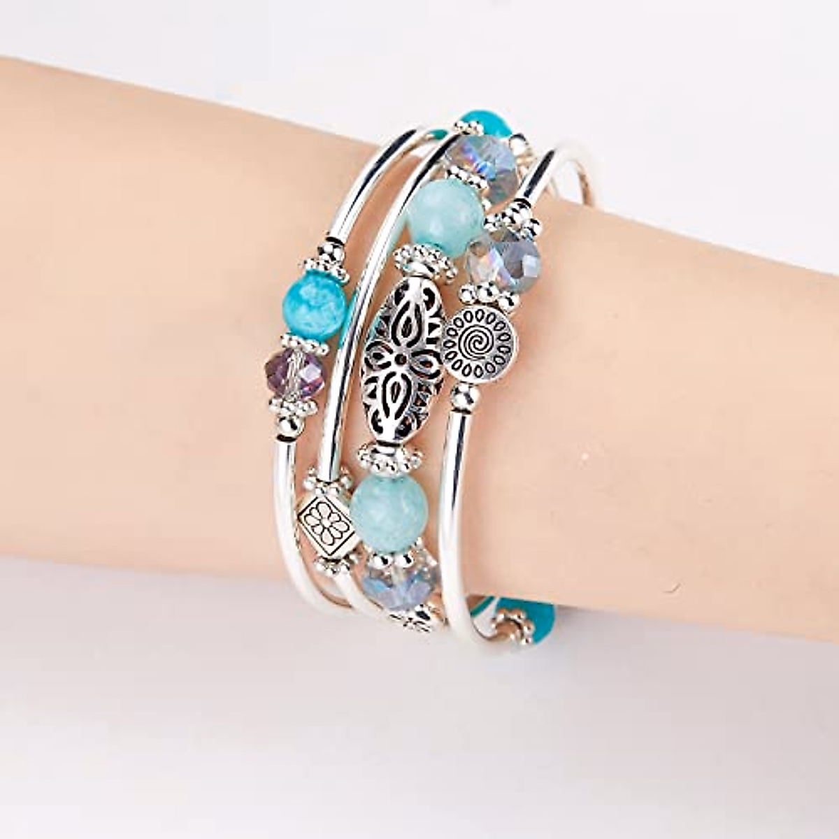 FULU AUTUMN Stackable Beaded Bracelets for Women Boho Wrap Silver Bracelet Layered Fashion Jewelry Gifts for Her (Turquoise)