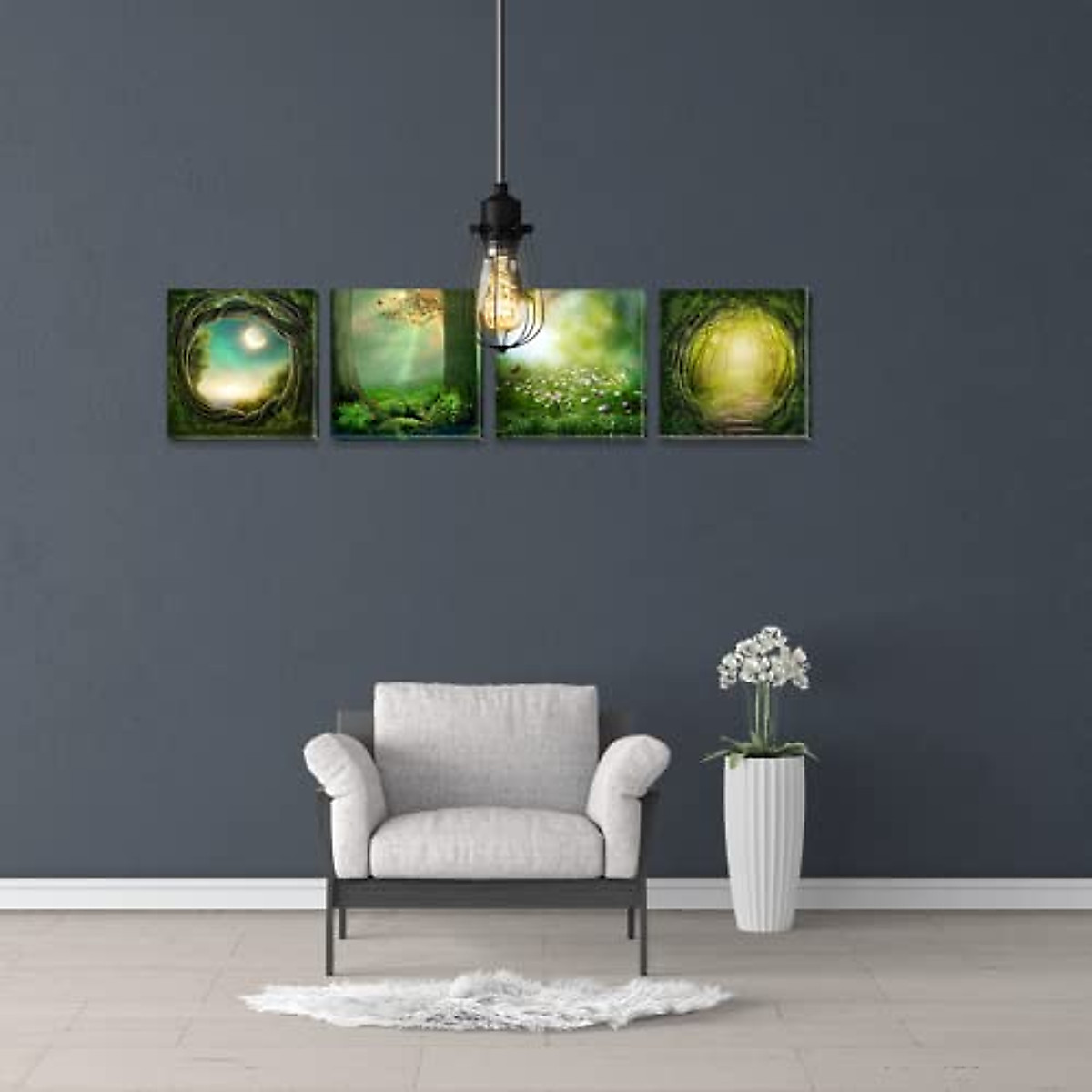 Green Forest Wall Art Prints Funny Wonderland Canvas Paintings 4 Pieces Nature Landscape Pictures Fairyland Artwork for Nursery Living Room Bathroom 12"x12"