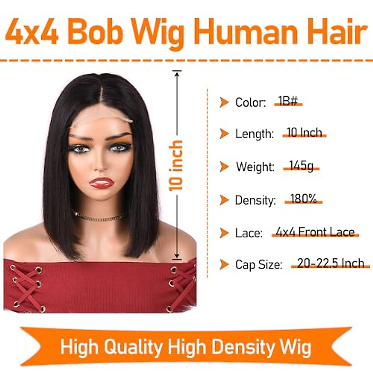 Aligrace 4x4 Bob Wig Human Hair 4x4 HD Lace Front Wigs Human Hair Side Part Frontal Bob Wig, Glueless Short Bob Closure Wigs Human Hair for Black Women Pre Plucked 180 Density 10 Inch