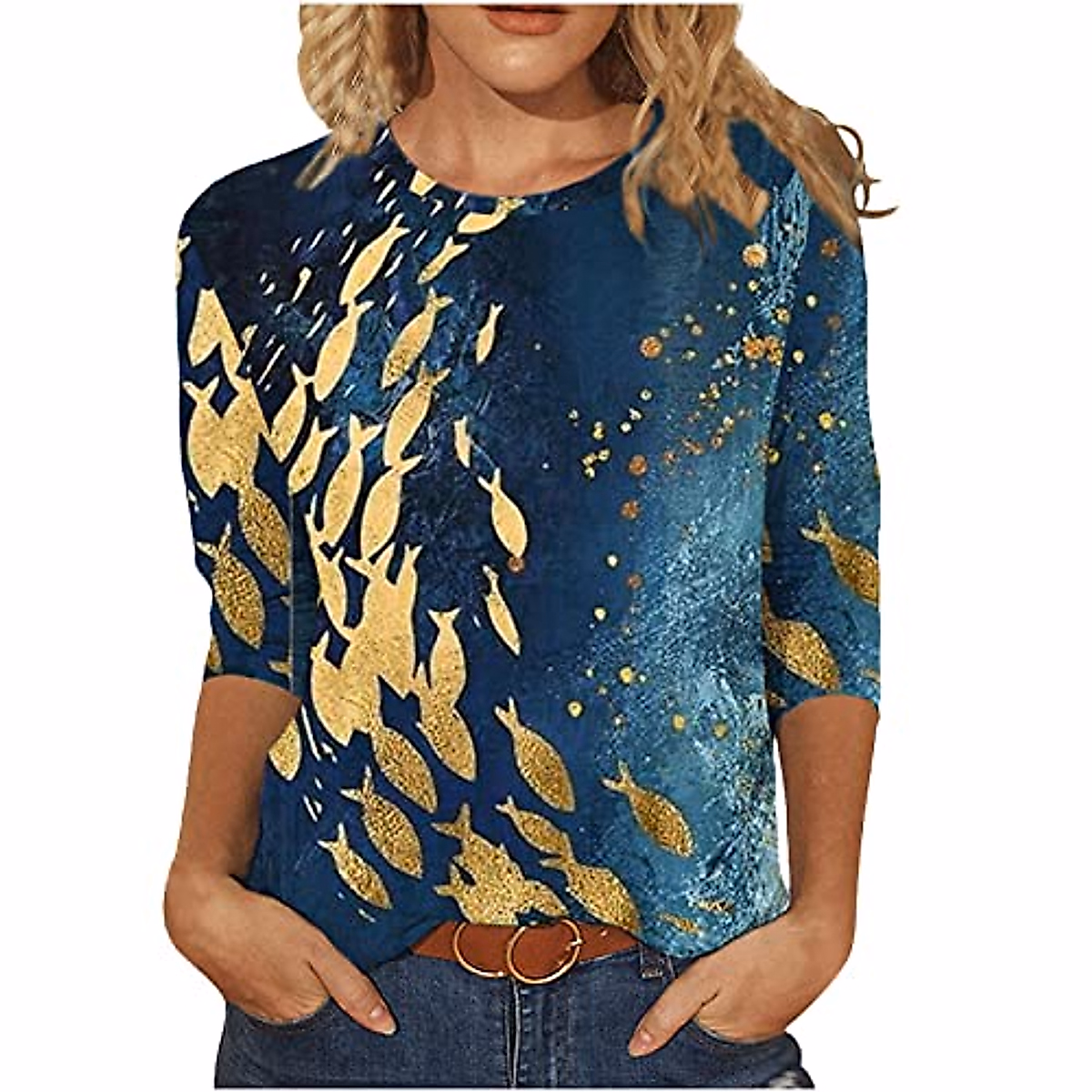 Royal Blue Top Tee for Female Summer Fall Long Sleeve 3/4 Sleeve Crew Neck Cotton Graphic Sequin Sparkly Loose Fit Casual Top X8 S