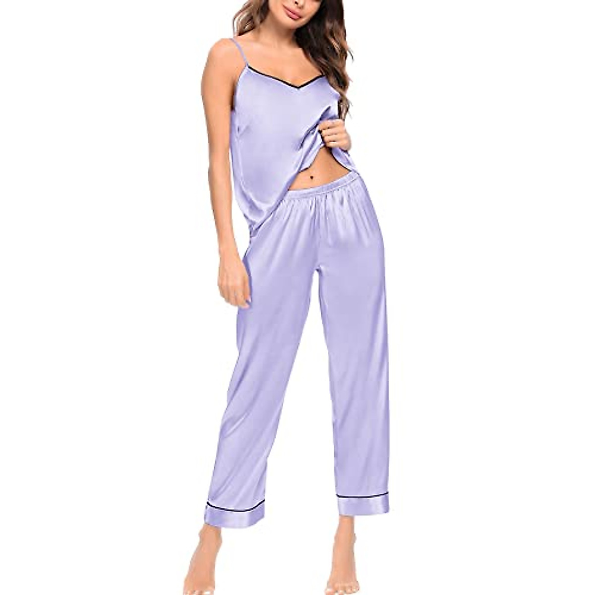 SWOMOG Womens Silk Satin Pajamas Set Two-Piece Pj Sets Cami Top and Capris Pants Sleepwear Lavender
