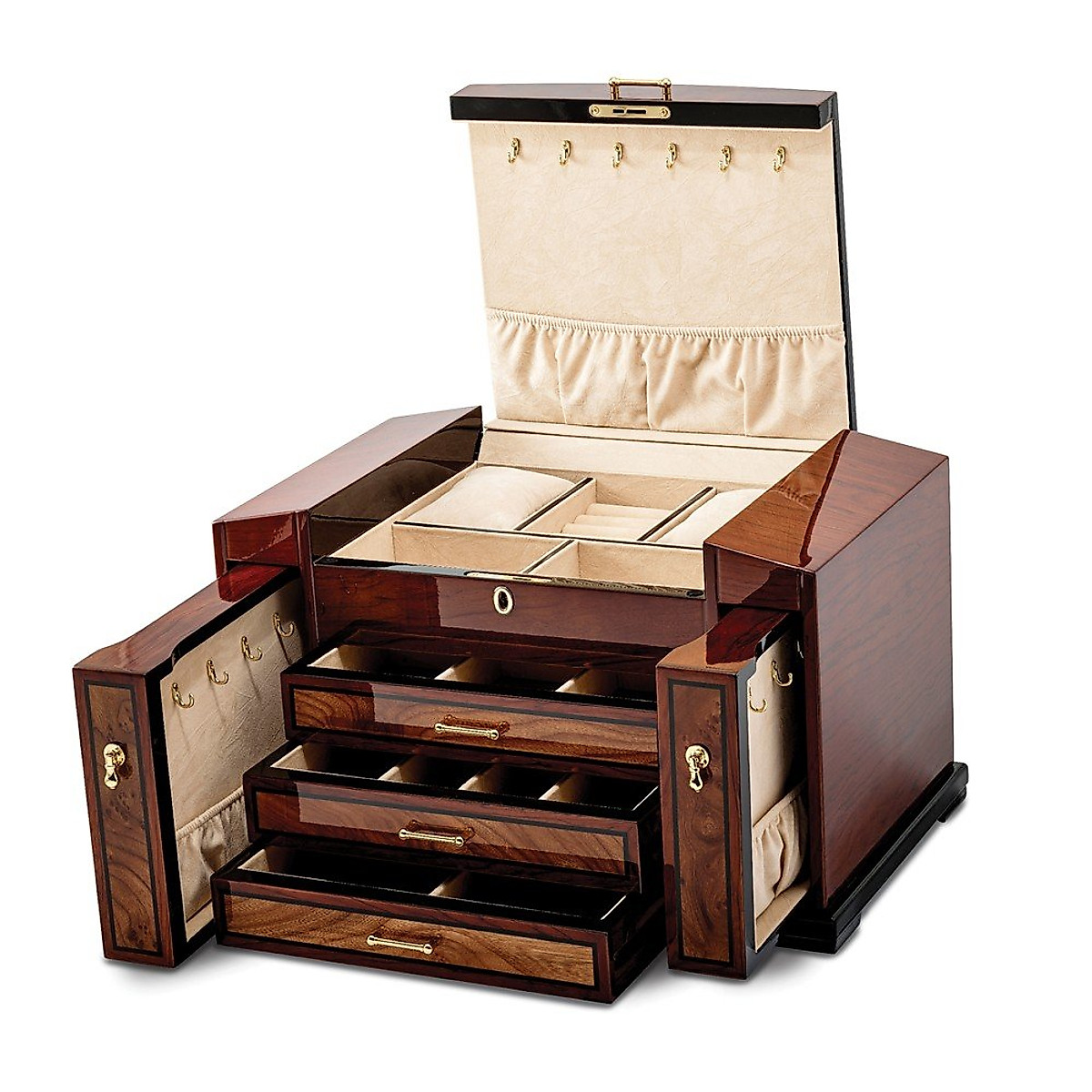 Bubinga Veneer Elm Burl Inlay 3 Drawer with Slide Pendant Charm-Out Sides Jewelry Box 15.5"