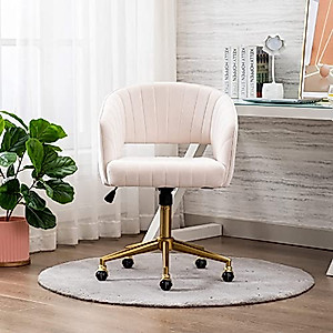 Home Office Chair Swivel Velvet Desk Chair Accent Armchair Upholstered Modern Tufted Chairs with Gold Base for Girls Women Ergonomic Study Seat Computer Task Stools for Living Room(Cream)
