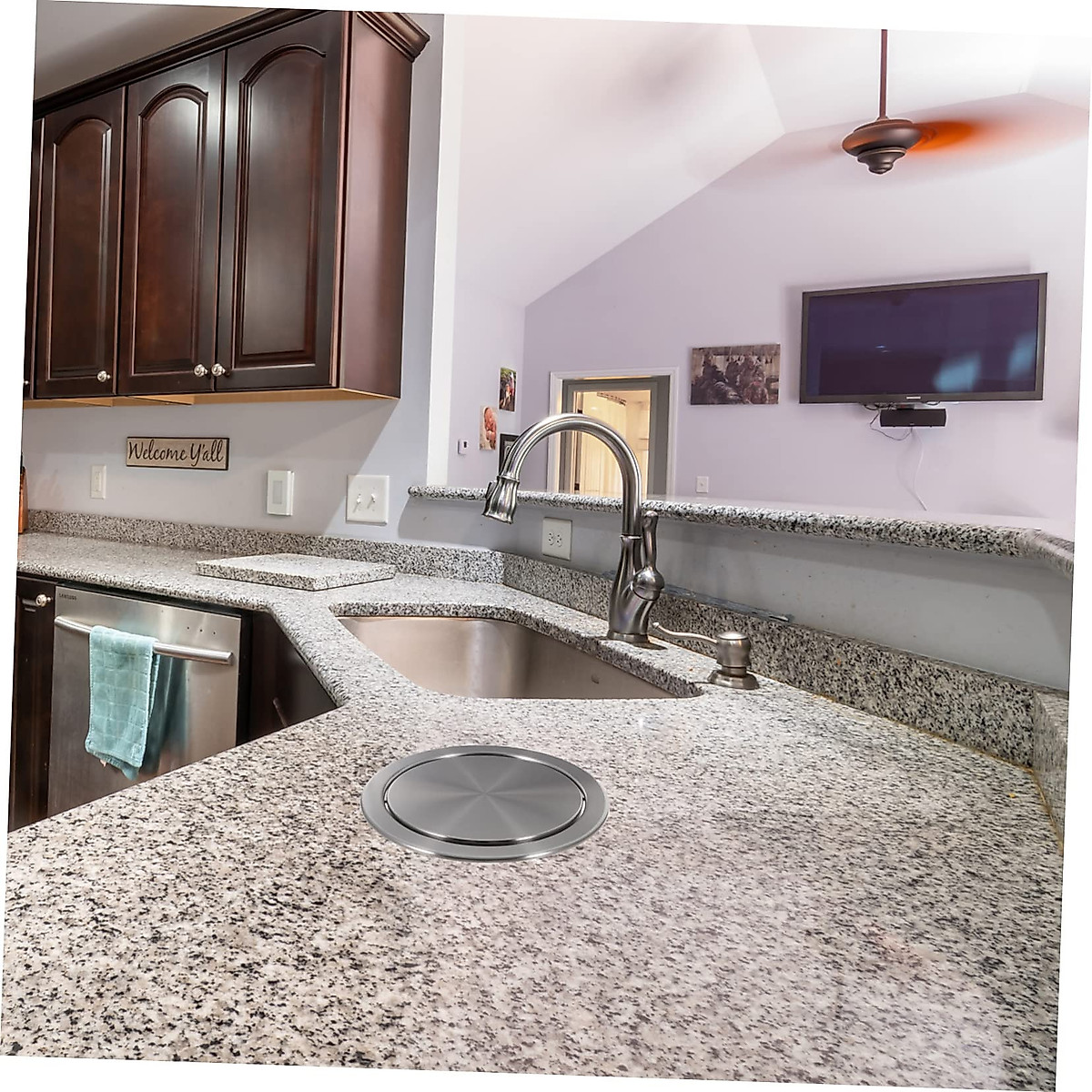 Hohopeti Flush Trash can Cover 8 inch Wide Trash can Kitchen Garbage can Garbage bin auto Trash can Metal Trash bin Recessed Counter Top Cover 430 Stainless Steel Wastebasket Clamshell Mini