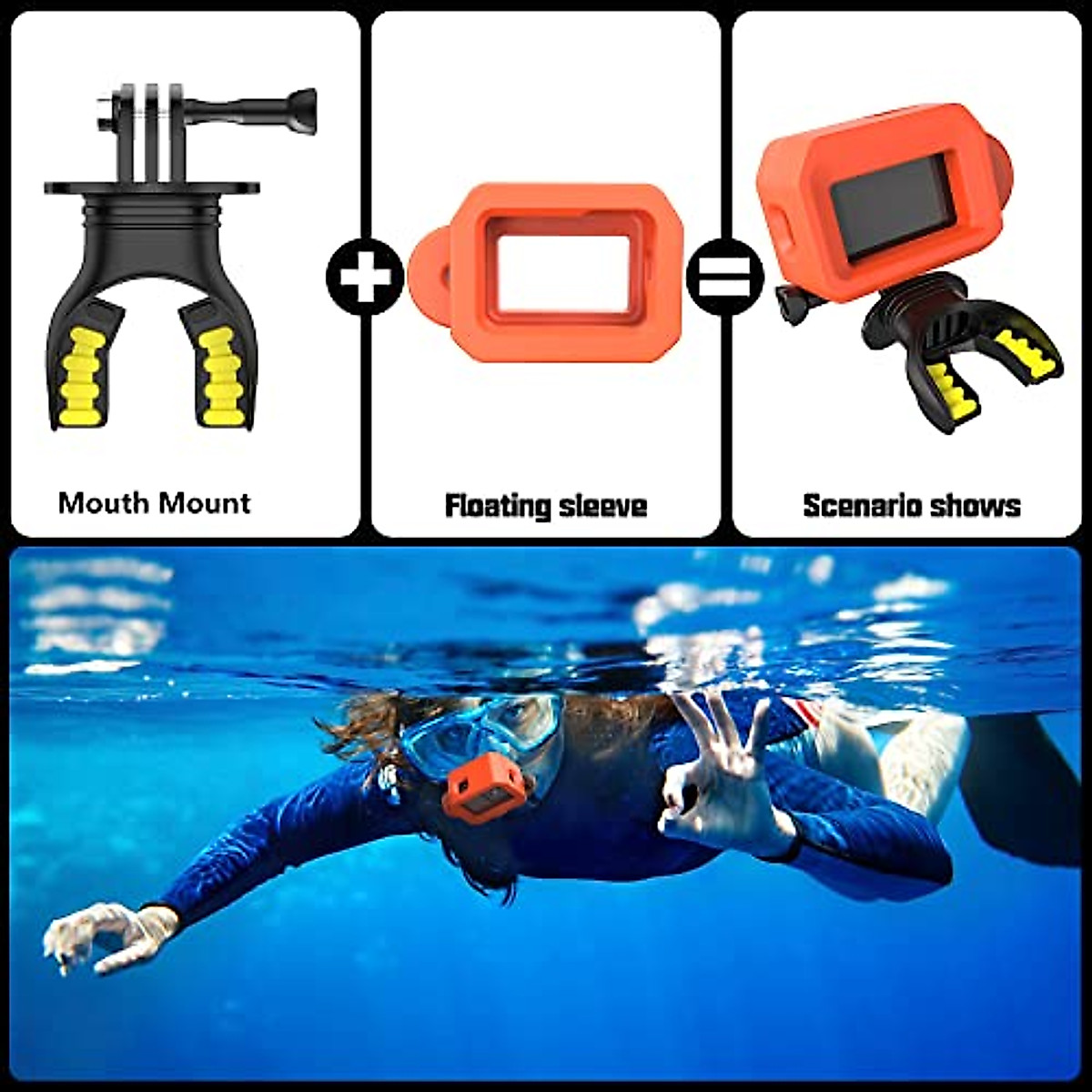 NUOBAKE Mouth Mount + Floaty Case + Floating Hand Grip for GoPro Hero 11 10 9 Black, Floating Case with Long Screw and Adhesive Anchors for Snorkeling, Surfing, Wakeboarding, GoPro Hero Accessories
