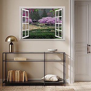 wall26 Modern White Window Looking Out Into a Japanese Garden with Cherry Blossom Trees and a Kiosk - Wall Mural, Removable Sticker, Home Decor - 36x48 inches