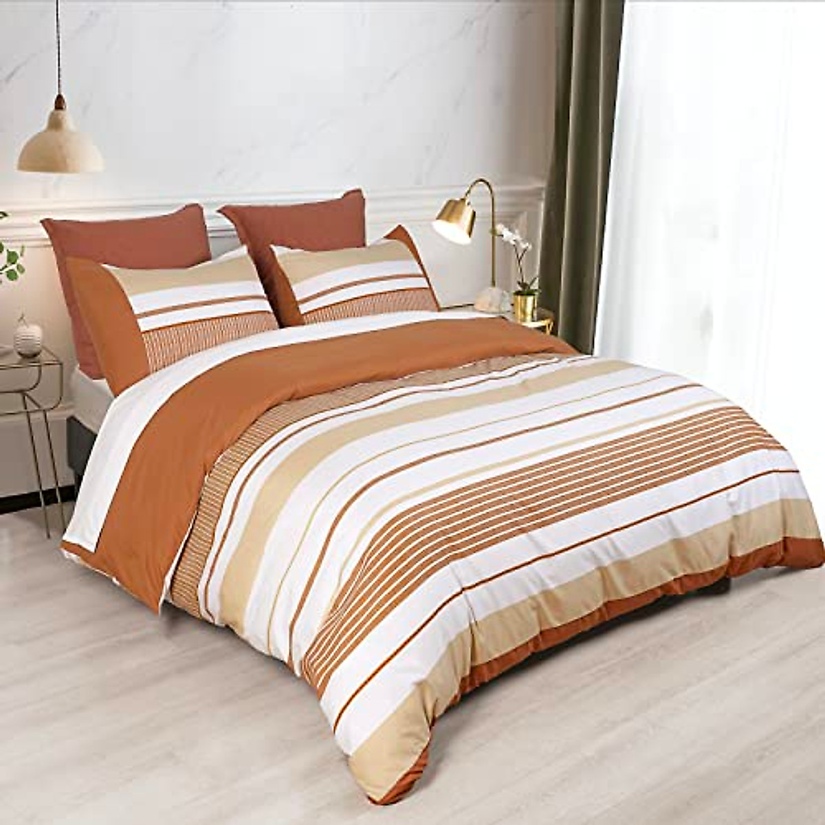 PHF Washed Soft Duvet Cover Set King Size, 3PCS Stylish Stripe Comforter Cover Set, Ultra Soft Comfy Durable Farmhouse Duvet Cover with Pillow Shams Bedding Collection, 104" x 90", Brick Red & White