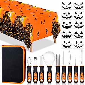 CNhoqc Halloween Pumpkin Carving Tools Set, Stainless Steel Carving Pumpkin Knife Kits with 10pcs Pumpkin Funny Face Stencils, 2pcs Disposable Pumpkin Theme Tablecloths for Fall Halloween Party Decor
