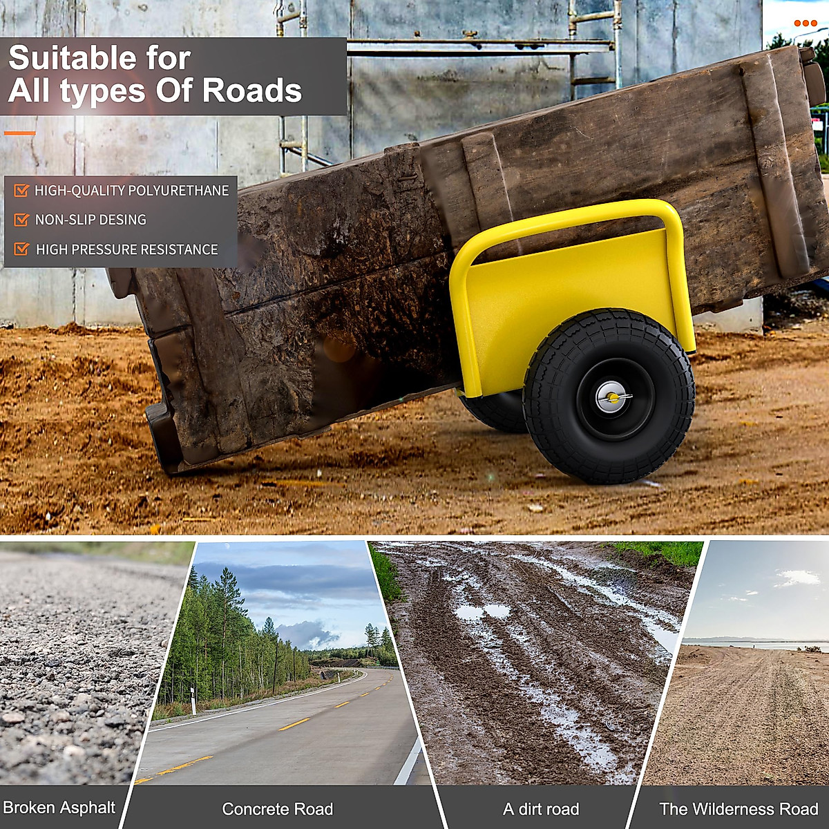 Moving Dolly with Handle, 2 × 10" Heavy Duty Solid Rubber Tires Wheels 1000LBS Load Capacity for Panel/Slab/Plywood/Door/Granite/Drywall Material Handling and More - Yellow