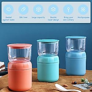 Yogurt Container with Lid and Spoon 2-Tier Cereal Cup,430 ml + 330 ml Cereal Cup Portable Leak-Proof Insulated Food Container Overnight Oats Containers Cereal Milk Cold Hot Food for Kids Adults