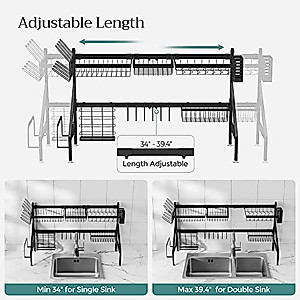 SONGMICS Over The Sink Dish Drying Rack with Adjustable Length (34-39.4 Inches), 2 Tier Kitchen Sink Rack, Space Saving Dish Drainer Organizer for Countertop, Black UKCS023B01