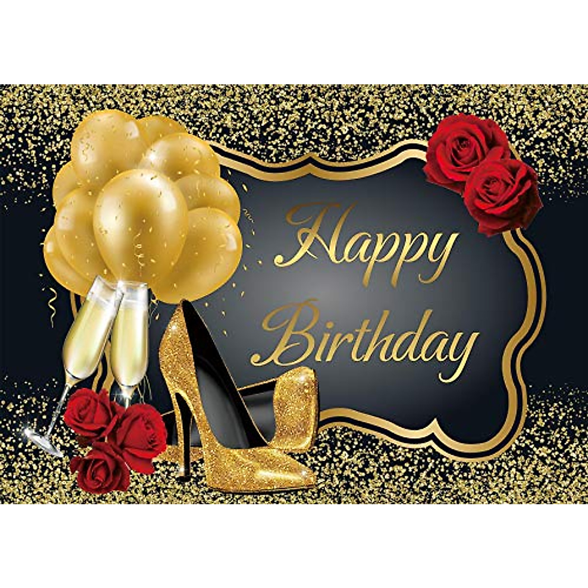 GYA 7x5ft Glitter Gold Happy Birthday Backdrop Red Rose Floral Golden Balloons Heels Champagne Glass Background for Women Birthday Party Decorations Birthday Party Supplies