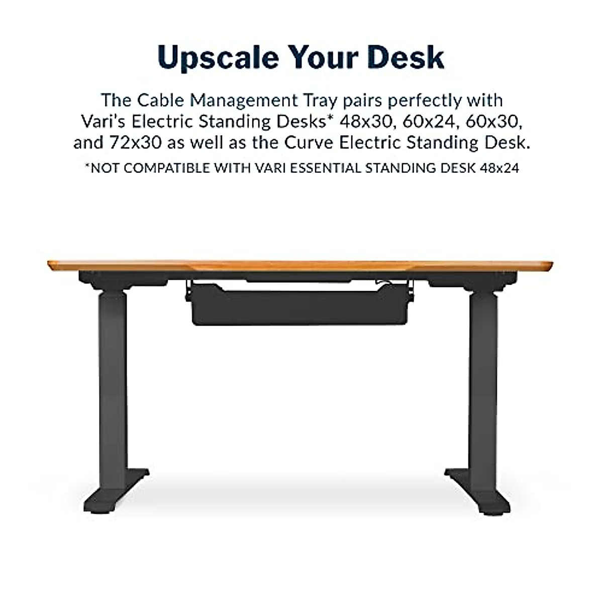 Vari Cable Management Tray - Under Desk Wire Management & Organization - Ideal for Home or Office Sit Stand Desks - Fits Electric Standing Desk 48x30, 60x30, 60x24, 72x30 - Easy Assembly (Black)