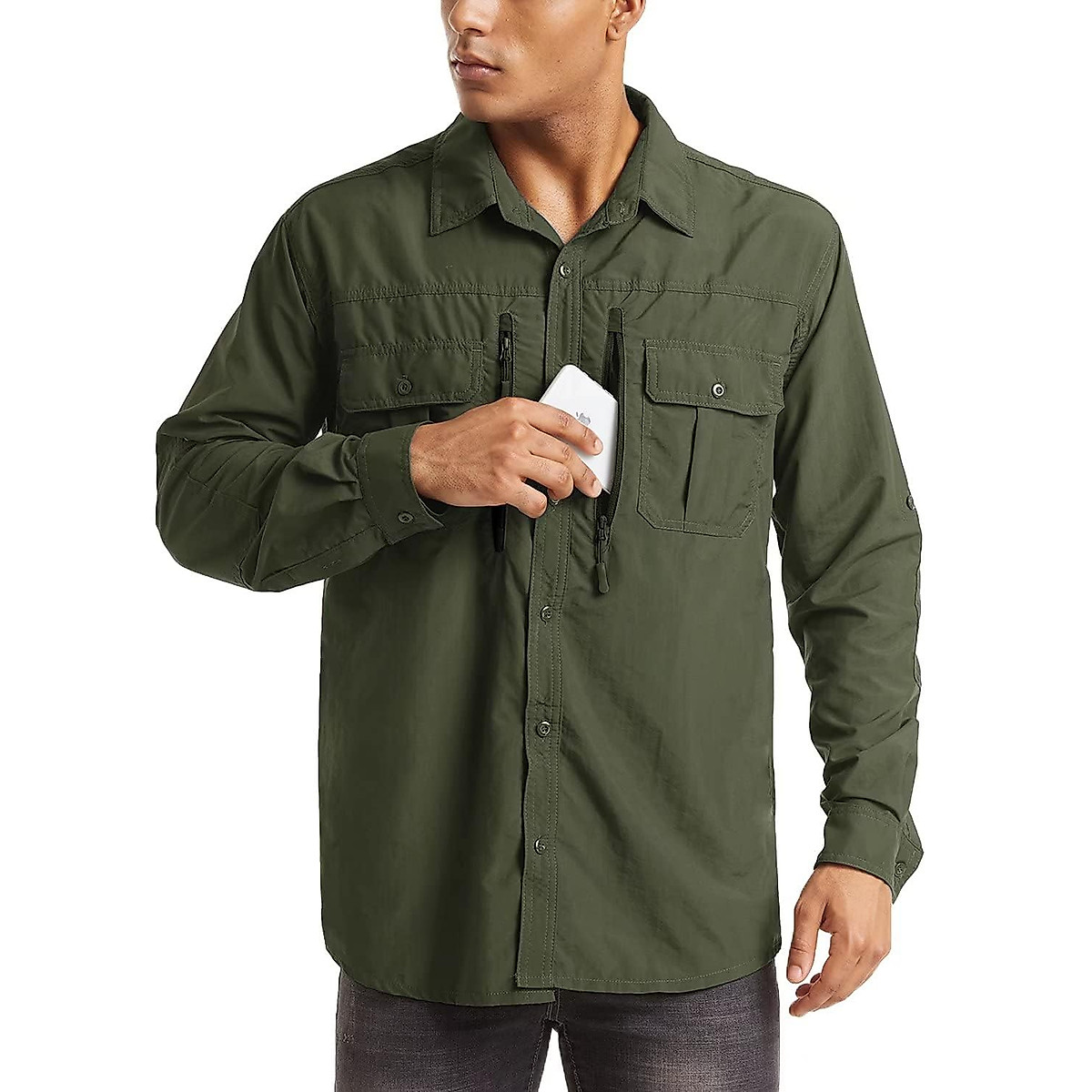 MAGCOMSEN UV Protection Shirts for Men Fishing Shirts for Men Long Sleeve Shirts for Men Hiking Shirts Work Shirts Army Green XL