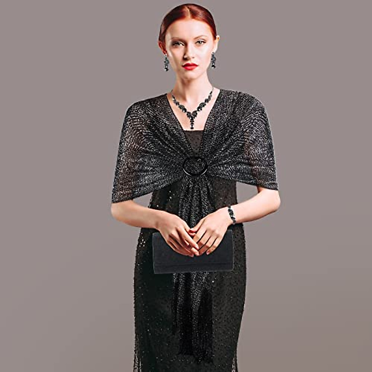 Tiamon 5 Pcs Rhinestone Jewelry Sets Silver Shawls and Wraps Formal Clutch Purses for Women Evening Dresses Bridal Weddings (Black, Glitter)