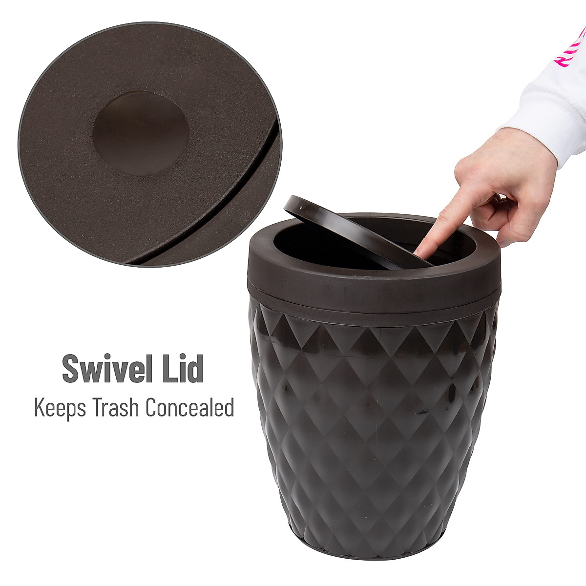 Mind Reader Basket Collection, Round Wastepaper Basket with Swivel Lid and Toilet Brush Set, Bathroom, 2 Piece Set, Bin is 8.75"W x 11.25"H and the brush is 15.25" H, 8.75"L x 8.75"W x 11.25"H, Brown