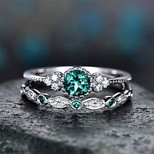 SONGLIN Gemstone Zircon Ring Two-Piece Set of Micro Emerald Rings Engagement Jewelry for Women No.7