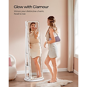 SONGMICS LED Mirror Jewelry Cabinet Standing, Lockable Jewelry Armoire with Full-Length Mirror and Adjustable LED Lights, Space-Saving Jewelry Organizer with Mirror, Gift Idea, Cloud White UJJC008W01