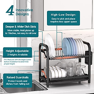 Amazer 2 Tier Dish Drying Rack with Drainboard Original, Dish Racks for Kitchen Counter, Height Adjustable Dish Rack and Drainboard Set with 2 Utensil Holders, Strong Structure, Large Capacity, Black