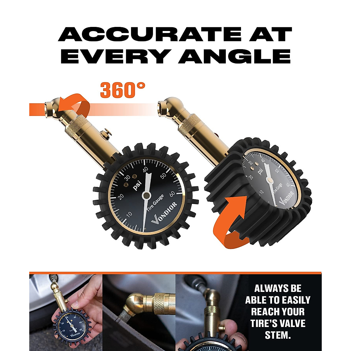 Tire Pressure Gauge - (0-60 PSI) Heavy Duty, Certified ANSI Accurate with Large 2 Inch Easy to Read Glow Dial, Low - High Air Pressure Gauge. Tire Gauge for Car and Trucks Tires by Vondior