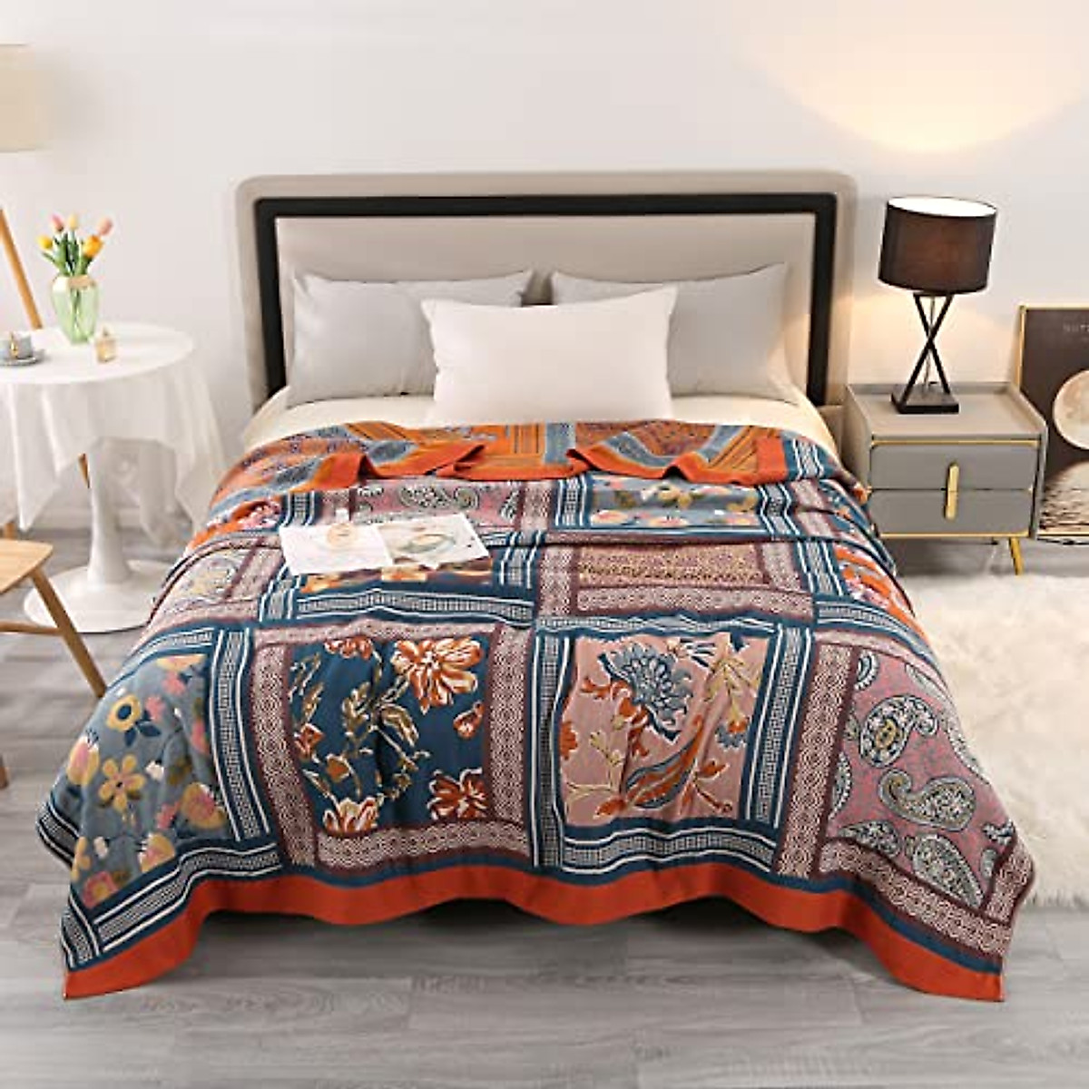 KINBEDY 4 Layers of Gauze Blanket, 100% Cotton Super Soft Boho Lightweight Breathable Bed Blankets Colorful Muslin Throw Blanket for All Seasons, Queen Size,79 x 92 Inches.