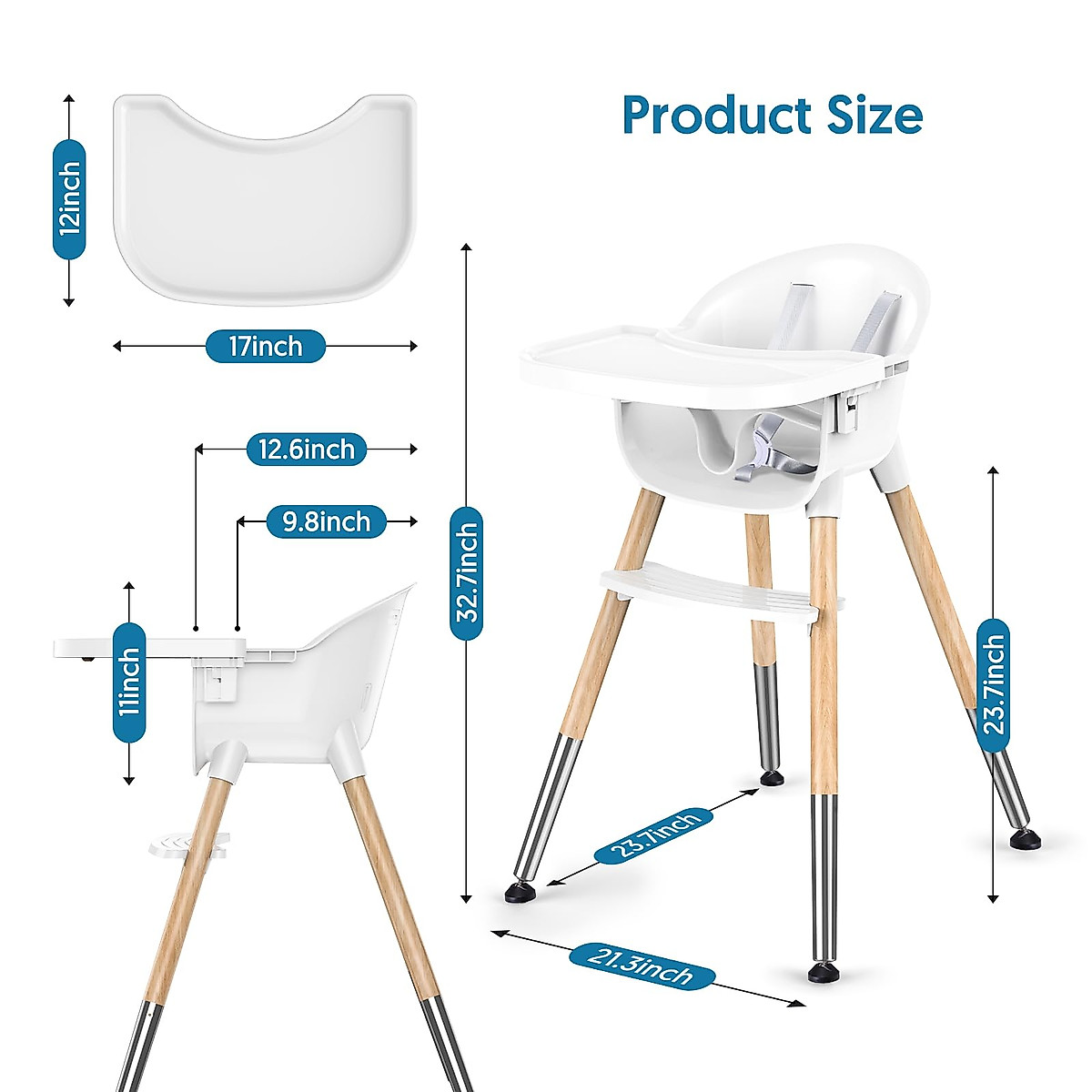 Bellababy Baby High Chair, Classic Wooden Baby High Chair for Babies & Toddlers, 5-Point Harness, Removable Tray, Ergonomic Seat Back, Easy to Assemble and Clean, Lightweight, White