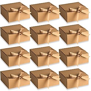 AIEX 12 Pcs Gift Boxes with Lids, 4.5" x4.5"x2" Present Boxes Square Gift Box with Champagne Wrap Ribbons, Gift Wrap Boxes for Birthday Wedding Party Christmas Chocolate Candy (Brown)