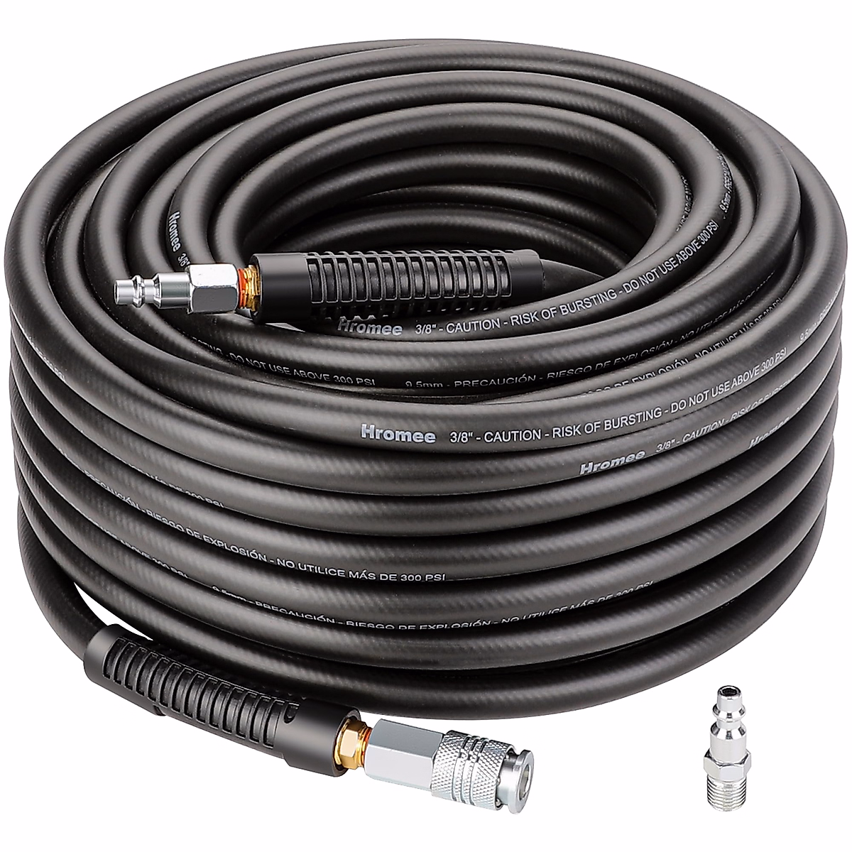 Hromee Air Compressor Hose 3/8 Inch x 100 Feet Hybrid Hose with Fittings, 1/4" Industrial Universal Quick Coupler and 2PCS I/M Plug Kit, Black