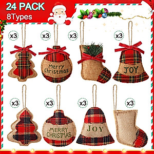 24 Pcs Burlap Christmas Ornaments 2022 Set Mini Stockings Funny Christmas Tree Ornaments Rustic Christmas Decorations Red Plaid Tartan Hanging Decoration Stocking Ball Tree Bell, 8 Styles (Rustic)