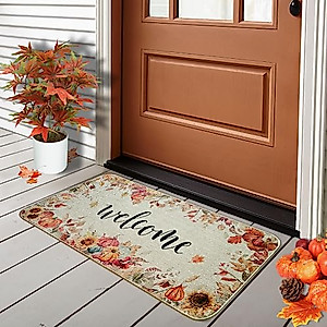 Voanos Fall Welcome Door Mat，Autumn Maple Leafs Pumpkins Theme Outdoor Entrance Doormat Non-Slip Rubber Matt for Indoor Fall Decor 17 x 30 Inch