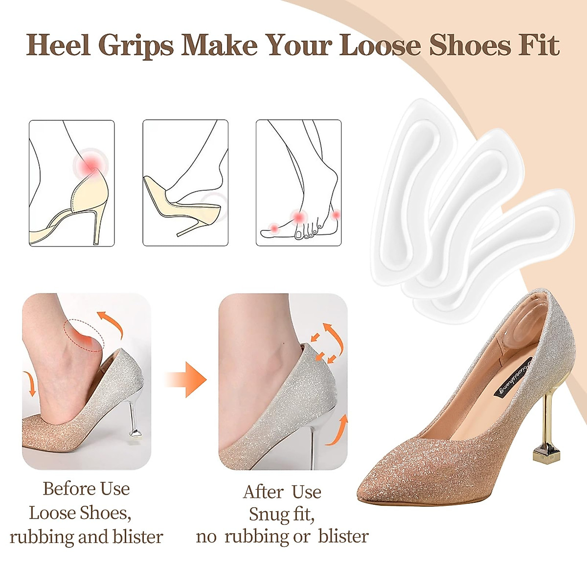 EACOZY Heel Grips, Clear Shoe Heel Inserts, Heel Cushion Pads for Women Men Loose Shoes, 5 Pairs