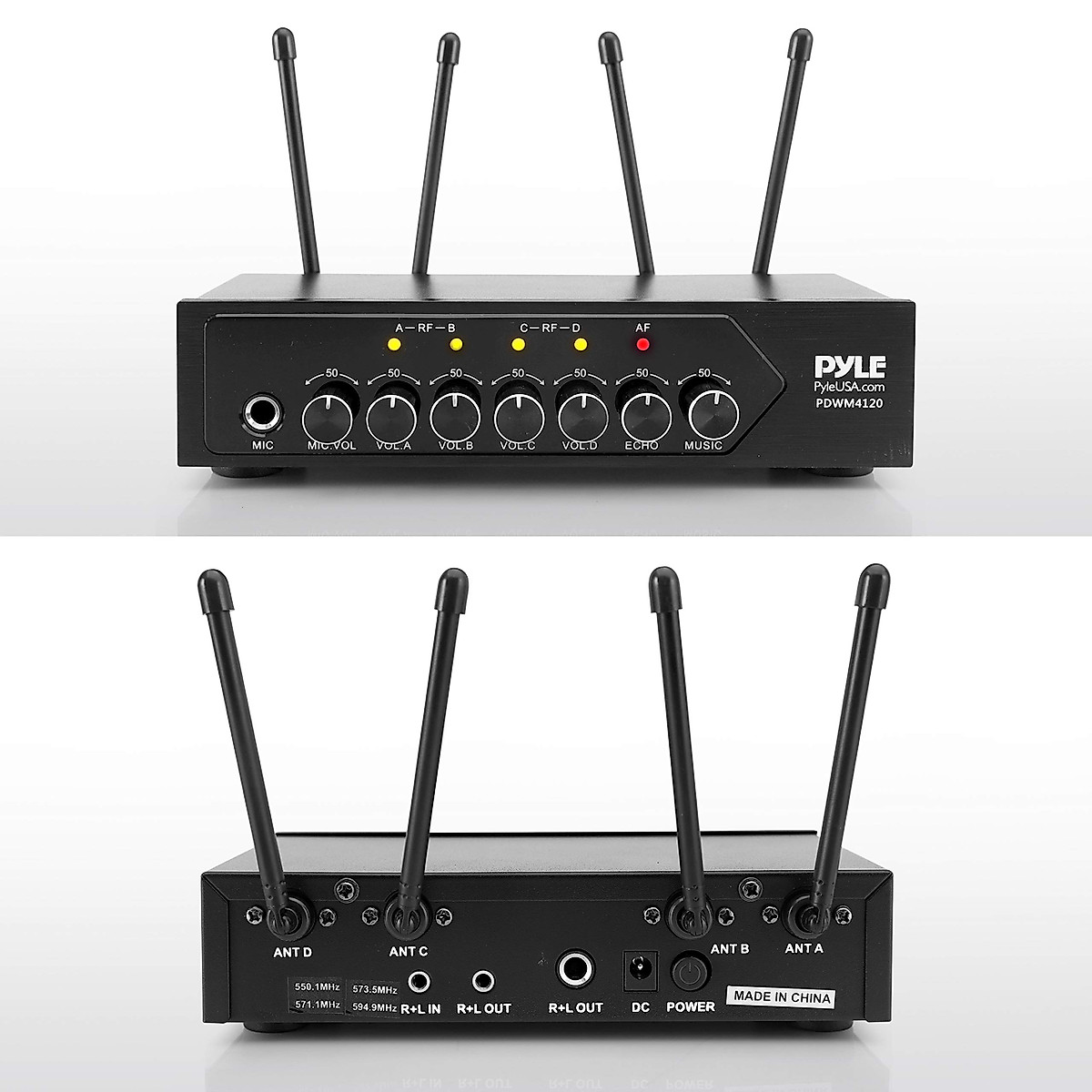 Pyle Portable UHF Wireless Microphone System - Battery Operated Four Bluetooth Cordless Microphone Set with 50 Channels Selectable Frequency, Receiver Base, AUX, PA Karaoke DJ Party - Pyle PDWM4120