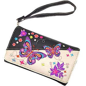 Zelris Butterfly Flower Season Embroidery Women Crossbody Wrist Trifold Wallet (Black Beige)