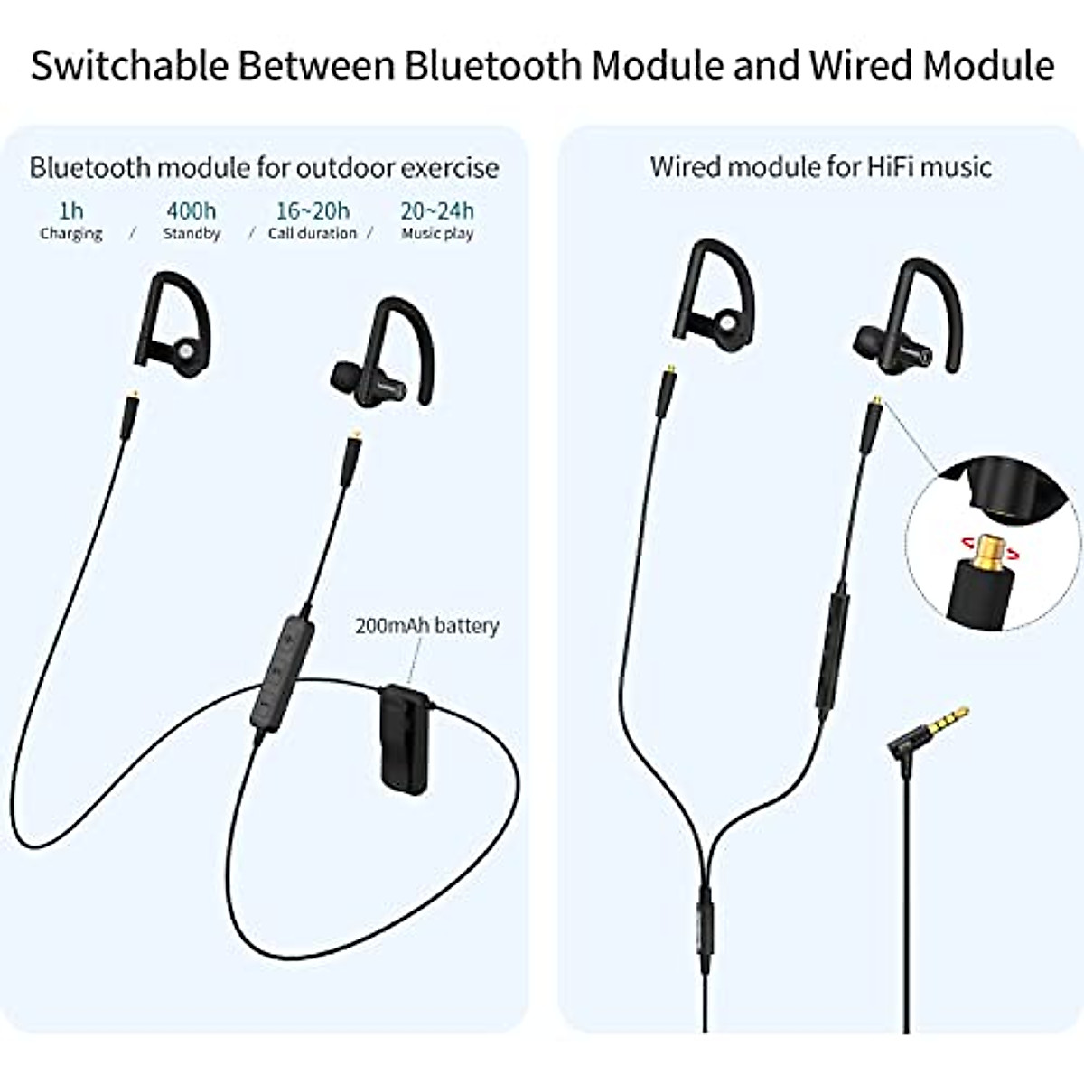 SoundMAGIC ST80 Bluetooth Sports Earbuds with Ear Hooks Wireless Earphones Long Playtime Waterproof Wired in Ear Headphones HiFi Sound Adjustable Metal Mechanism Comfortable Fit Black