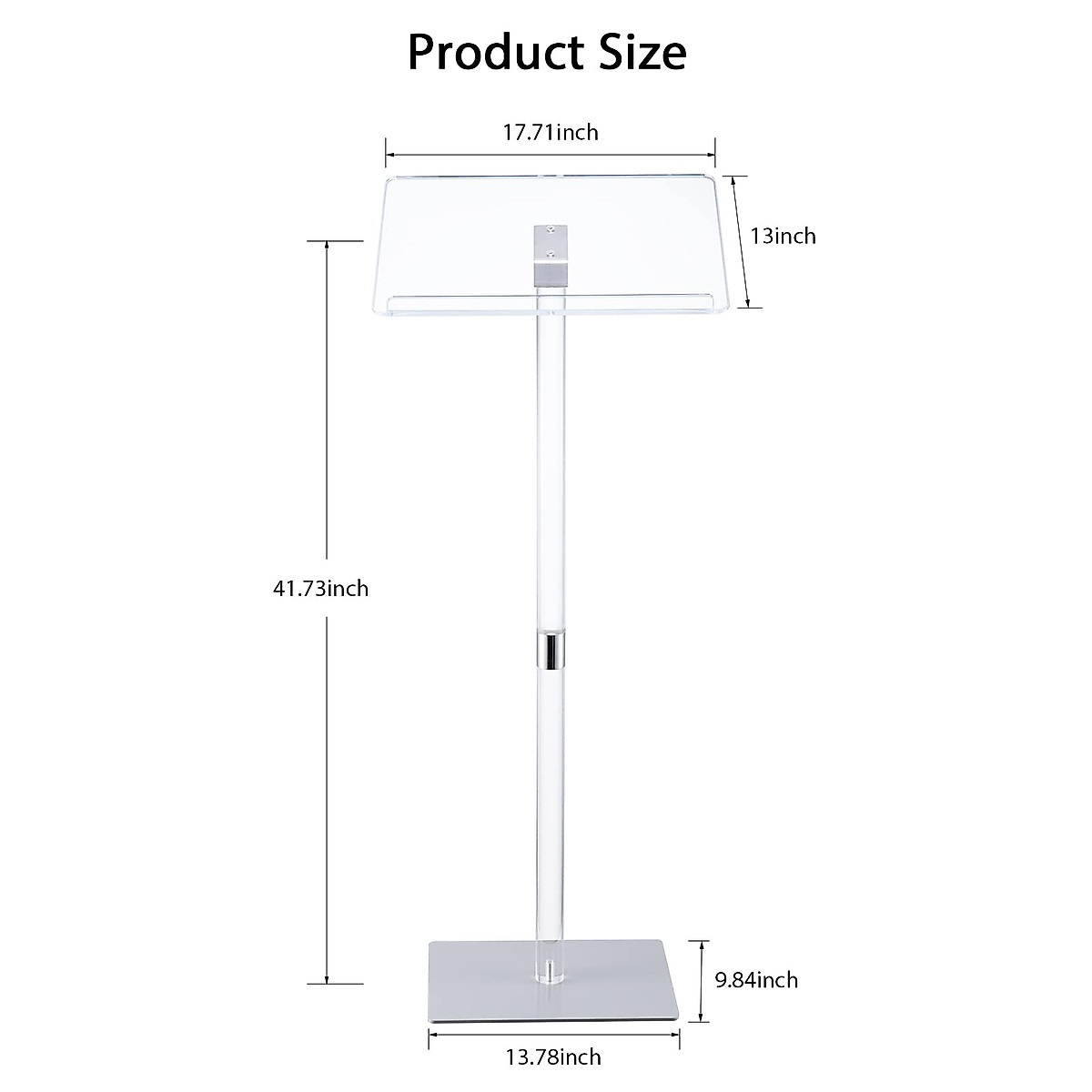 HMYHUM Small Acrylic Podium Stand, 17.7" L x 13" W x 41.7" H, Clear Lecterns & Pulpits for Classroom, Concert, Churches, Speech, Easy Assembly, Metal Base, Modern