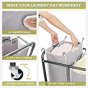 STORAGEIDEAS Laundry Sorter Hamper with Wheels, Heavy-Duty Laundry Sorter Rolling Cart, Lockable Wheels and Removable Bags, 3 Sections, Grey