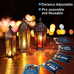 Eid Mubarak Paper Banner Eid Mubarak Bunting Banner with Led Fairy String Light 3 Flicker Modes, Eid Celebration Hanging Garland Decoration for Muslim Ramadan Party Supplies, No DIY Required (Blue)