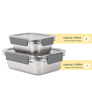 GEEJA Set of 2 stainless steel food containers with lids, Airtight kimchi containers, Leakproof meal prep bento box, Dishwasher/Oven/Freezer safe