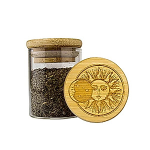 Sun and Moon 60ML Glass Food Storage Container and Decorative Engraved Air Tight Bamboo Lids Multi-Use Jar Herbs, Coffee, Tea, Sugar, Candy Apothecary Accessories for The Bedroom Kitchen Pantry