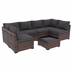 Amopatio 7 Pieces Patio Furniture Set, Outdoor Furniture Sectional Sofa Set with Slanted Back, Patio Couch with Glass Coffee Table for Backyard Dark Grey (1 Waterproof Cover)