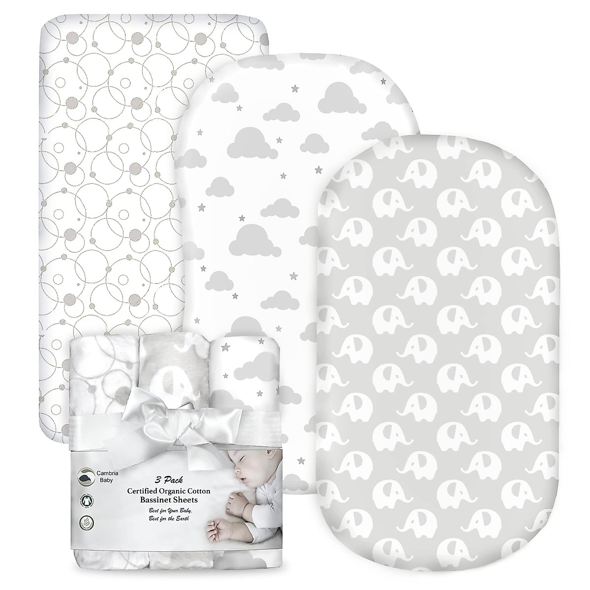 100% Organic Cotton Fitted Bassinet Sheets Fits Halo, Snoo, Graco, Dream on Me, Delta, and All Other Standard Size Bassinets. 3 Pk Adapts to Oval, Hourglass & Rectangle Shaped Bassinet Pads.