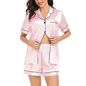 SWOMOG Womens 3 Piece Silk Satin Pajamas Short Sleeve Pjs Sets Shorts and Capri Bottom Pajama Pants Loose Outfit Sleepwear Pink