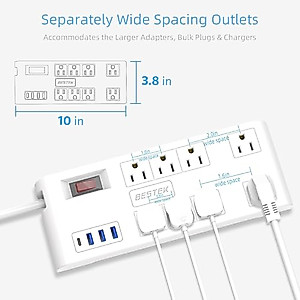 BESTEK 8 AC Outlet, 5 Feet Extension Cord Power Strip with 3 USB-A 2.4A 1USB-C 3A, MAX Output 1625W 13A, 600Joule, Ultra-Compact Wide Spaced Outlet for Large Plug
