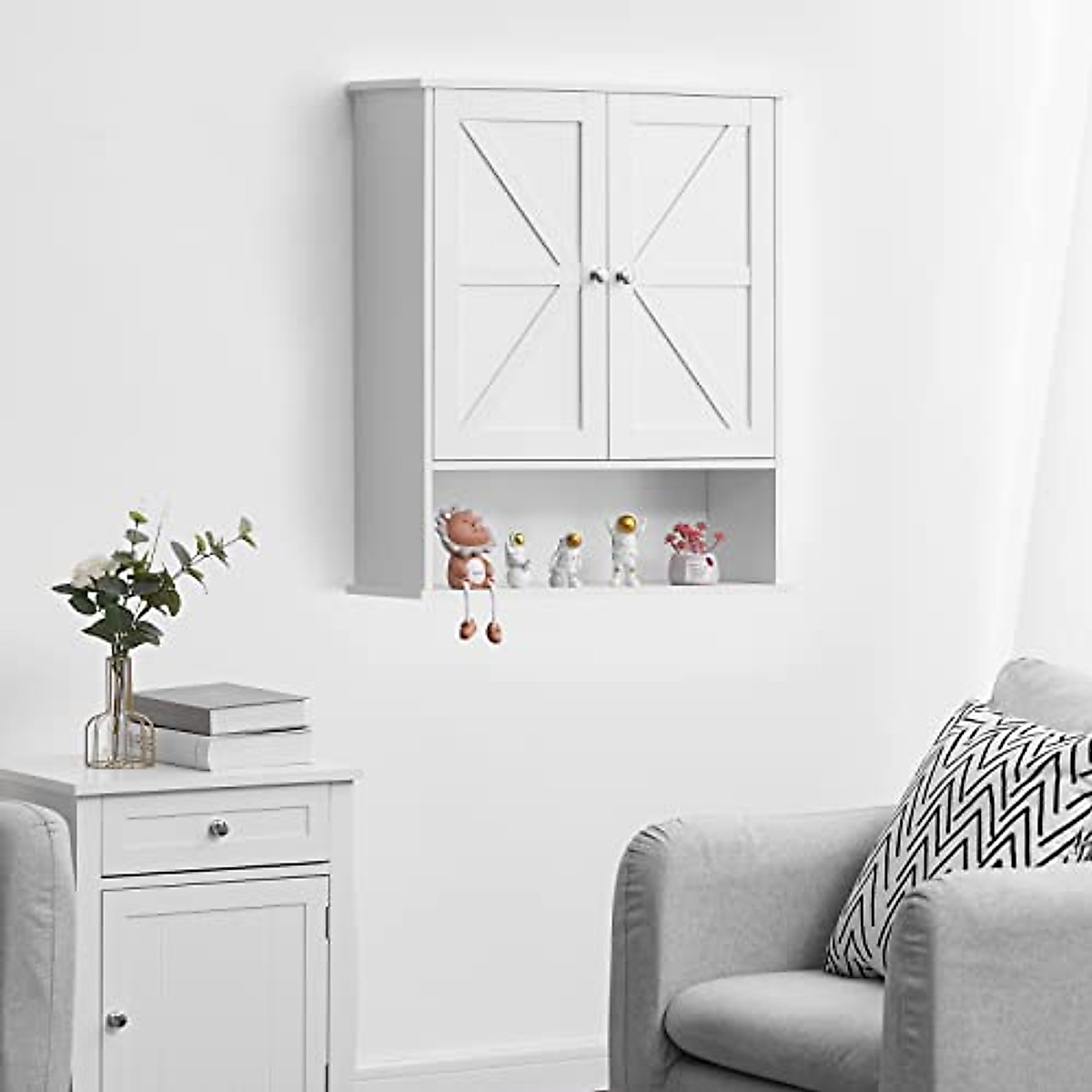 Reettic Two Door Wall Cabinet, Wooden Medicine Cabinet, Wall Mounted Bathroom Storage Cabinet with Inner Adjustable Shelf, for Bathroom, Kitchen, Entryway, White BMGZ103W