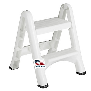 Rubbermaid Two-Step Folding Foot Stool, 14-Inch High, White, 300 Pound Capasity, Small Step Stool for Adults/Kids For Use in Library/Kitchen/Bathroom/Garage/Closet