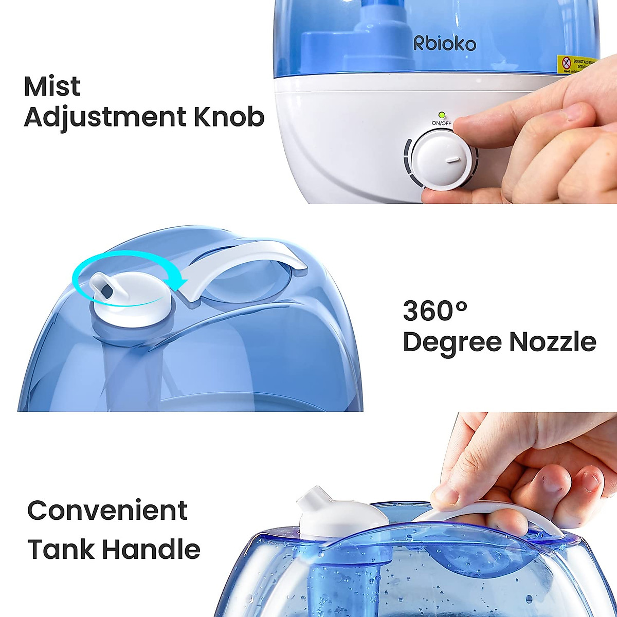 Rbioko 2.6L Cool Mist Humidifiers for Bedroom Whisper Quiet, Ultrasonic Vaporizer for Baby & Nursery, Indoor Plants & Whole House -Adjustable 360 Rotation Nozzle, Easy to Clean, Auto-Shut Off