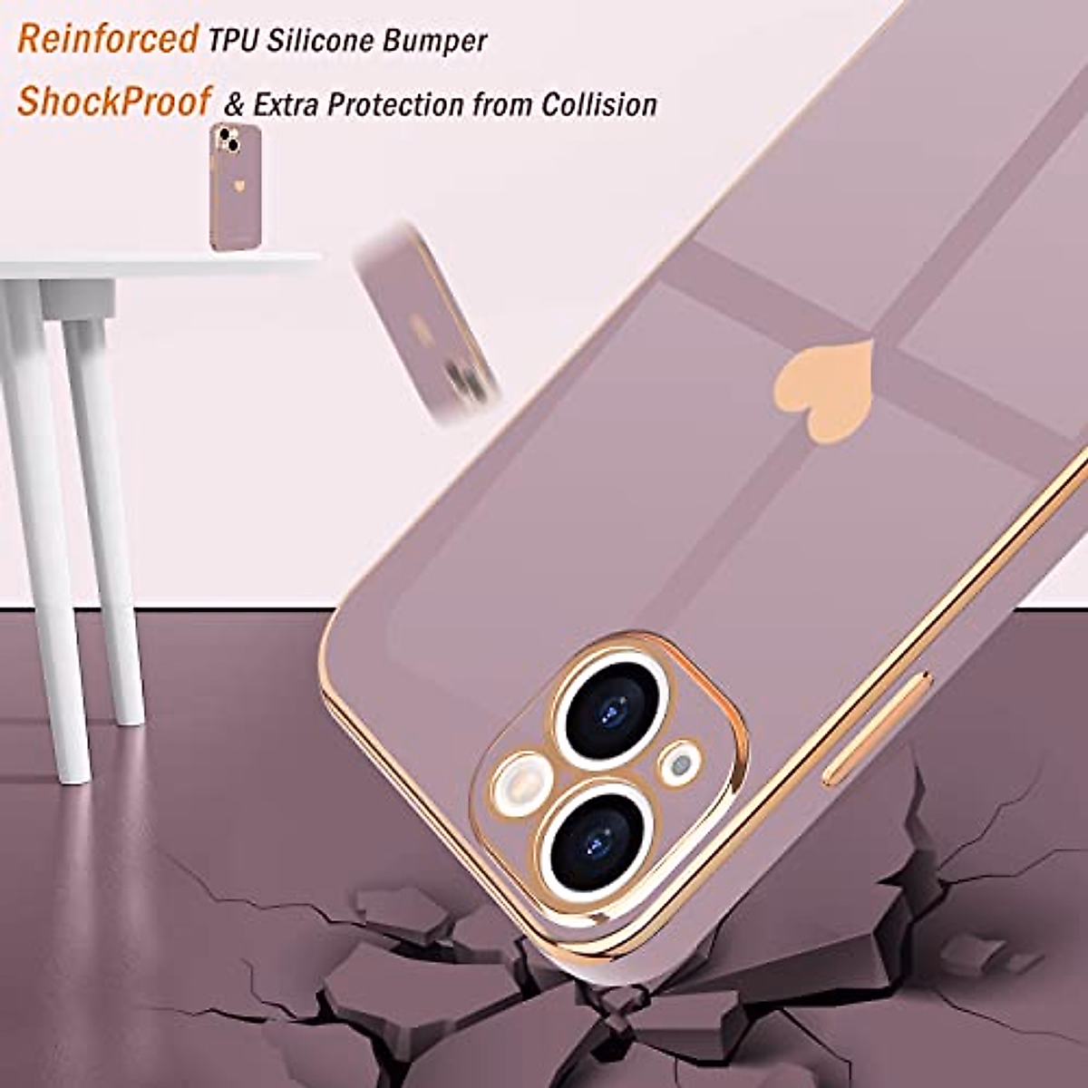 Teageo Compatible with iPhone 13 Case for Girl Women Cute Love-Heart Luxury Bling Plating Soft Back Cover Raised Camera Protection Bumper Silicone Shockproof Phone Case for iPhone 13, Lavender