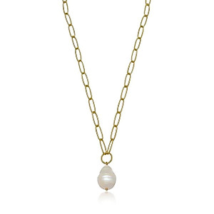 Ettika Gold Necklace. Pearl Necklace. Women Necklaces, Freshwater Pearl Pendant. 18K Gold Plated Necklaces. Gold Paperclip Chain, Jewelry